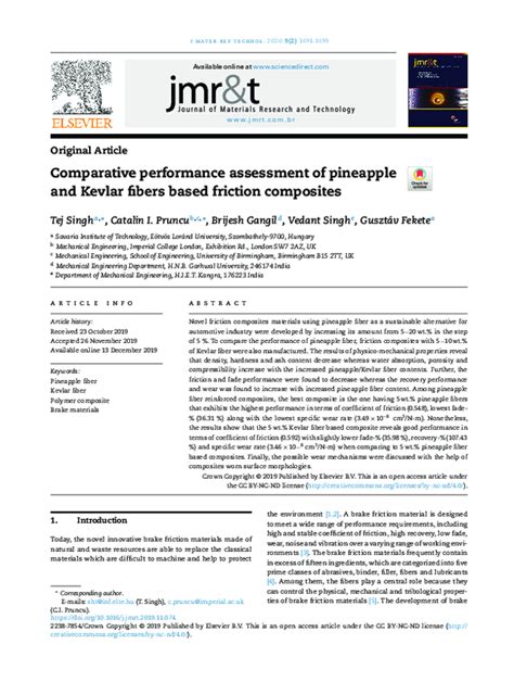 Pdf Comparative Performance Assessment Of Pineapple And Kevlar Fibers Based Friction Composites
