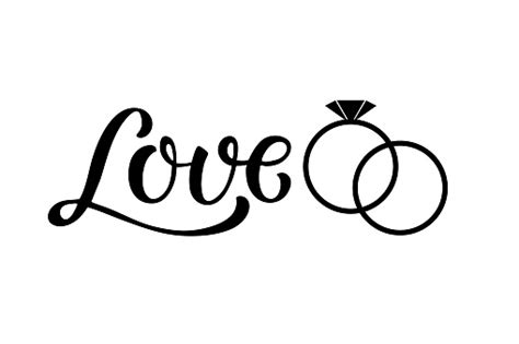 웨딩 장식 흰색 배경에 고립 된 결혼 반지와 텍스트를 사랑 벡터 필기 글자 파티 초대 포스터 스티커 템플릿 티셔츠 디자인 벽