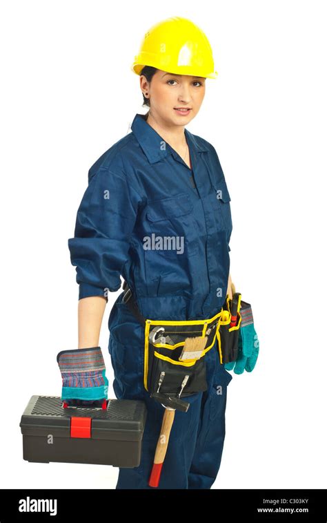 Constructor Worker Female Holding Container Isolated On White