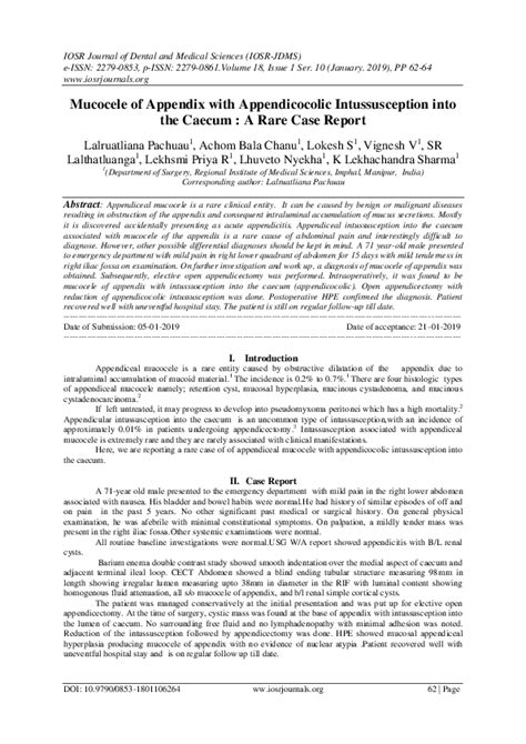 Pdf Mucocele Of Appendix With Appendicocolic Intussusception Into The Caecum A Rare Case