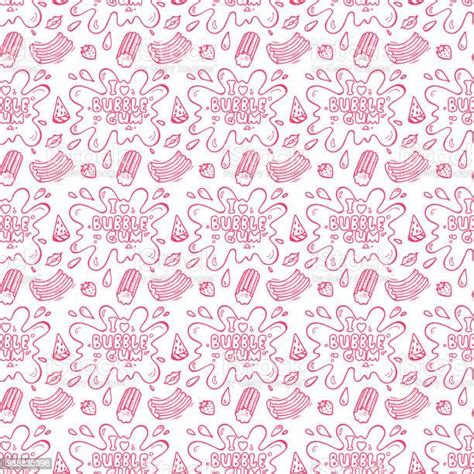 과자입니다 딸기와 수 박 풍선껌 완벽 한 패턴입니다 손으로 그린 낙서 씹는 잇 몸 풍선껌을 사랑 해요 벡터 일러스트 레이 션 과일에 대한 스톡 벡터 아트 및 기타 이미지