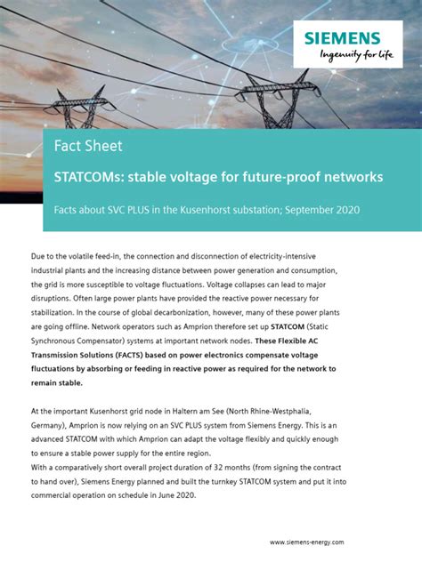 Siemens Factsheet Statcom Kusenhorst En The Hundredth One In 2020