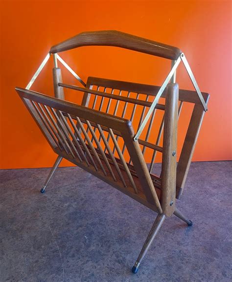 Mid Century Modern Italian Solid Walnut And Brass Magazine Rack By