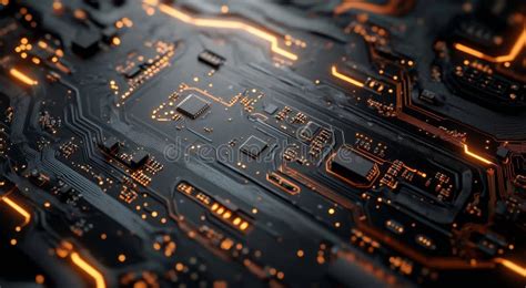 The Intricate Design Of A Microchip On A Circuit Board Illuminated By Soft Light Stock Image