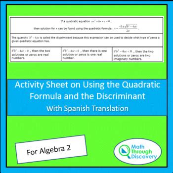 Alg Using The Quadratic Formula And The Discriminant Activity Sheet