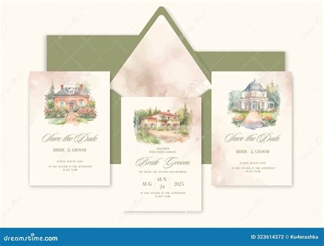 Luxury Wedding Invitation Card Background With Watercolor Country House