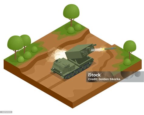 등각 투영 다중 로켓 발사기 아이콘은 흰색에 격리 설정 다중 발사 로켓 시스템은 장갑 자체 추진 여러 로켓 발사기 로켓 포병의 일종이다 육군 등측투영법에 대한 스톡 벡터