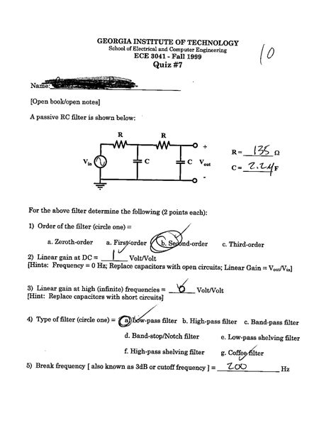 Solutions To Quiz 7 Instrument And Circuits Lab Ece 3041 Docsity
