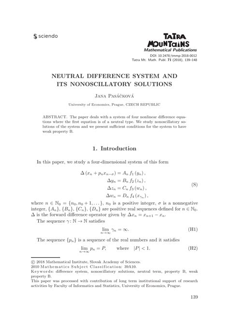 Pdf Neutral Difference System And Its Nonoscillatory Solutions