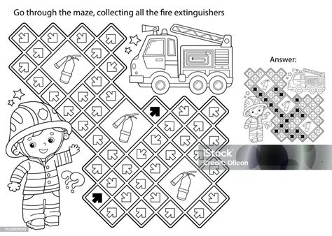 미로 또는 미로 게임 수수께끼 색칠 공부 페이지 개요 만화 소방관 또는 소방관과 소방차 아이들을위한 색칠 공부 책 교육에 대한