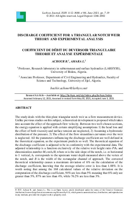 Pdf Discharge Coefficient For A Triangular Notch Weir Theory And