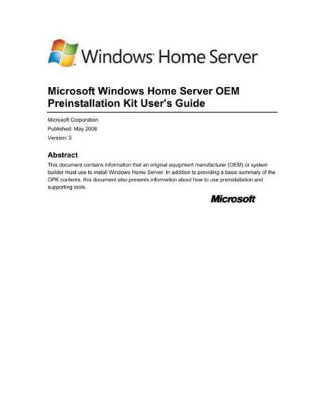 Microsoft Windows Home Server Oem Preinstallation Kit Users Guide