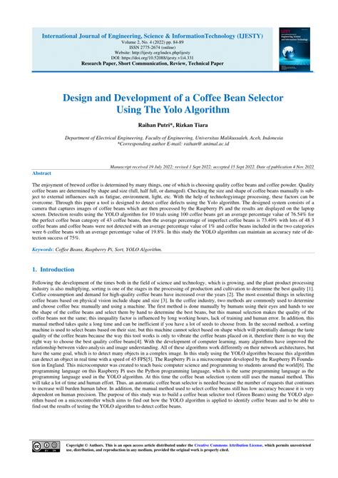 Pdf Design And Development Of A Coffee Bean Selector Using The Yolo Algorithm