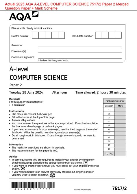 actual 2025 aqa a level computer science 7517 2 paper 2 merged question