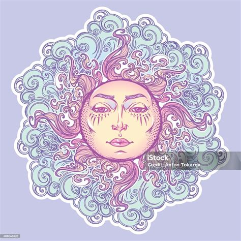 장식 스티커입니다 곱슬 화려한 구름에 인간의 얼굴을 가진 동화 스타일 태양 문신 섬유 인쇄 또는 인사말 카드 디자인에 대 한 장식 요소 고풍스런에 대한 스톡 벡터 아트 및
