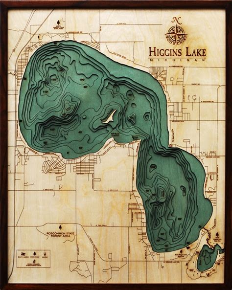3d Higgins Lake Depth Chart Wooden Laser Cut Lake Map