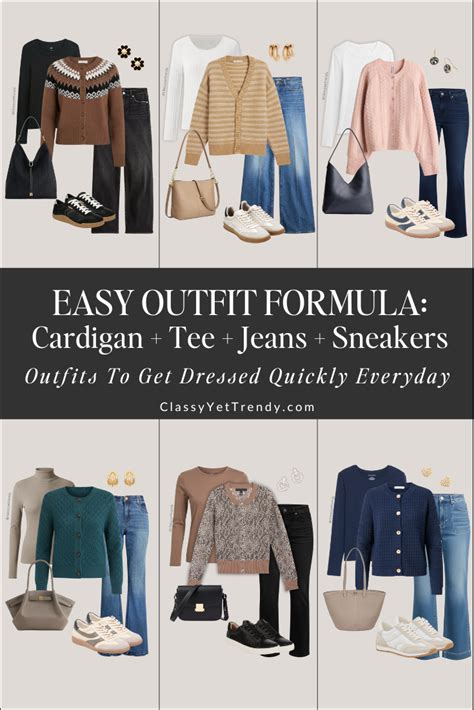 Easy Outfit Formula Fall Winter Series Cardigan Tee Jeans Sneakers