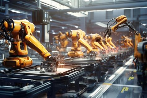 Robot Assembly Line In A Futuristic Factory Futuristic Efficient Smart