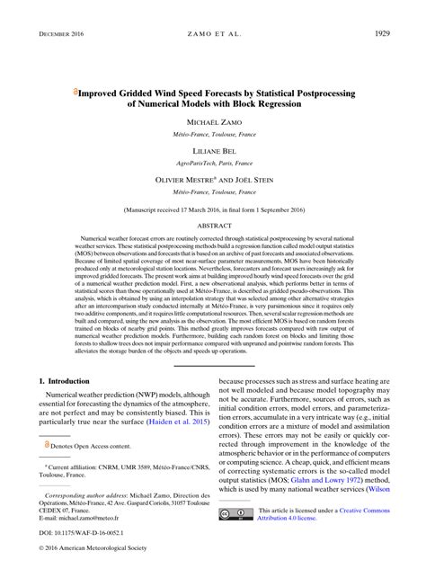 Pdf Improved Gridded Wind Speed Forecasts By Statistical