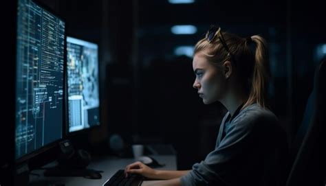 Premium Ai Image Young Adult Programmer Working Late Concentrating On
