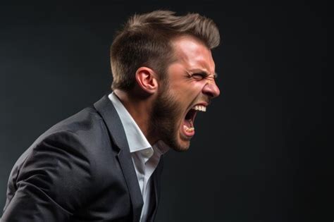 Angry Businessman Shouting Loudly Closeup Side View Of Furious Man Yelling In Mad Anger
