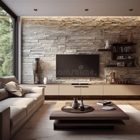 Beige Leather Sofa In Room With Stone Cladding Wall Rustic Interior