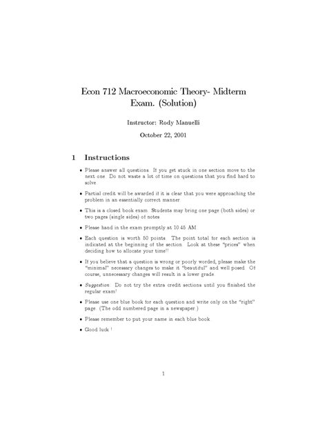 Midterm Exam Solutions Economic Theory Macroeconomics Sequence Econ 712 Docsity