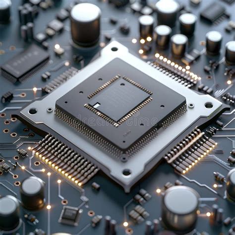 Detailed Hyper Realistic Close Up Of Glowing Computer Chip Circuitry In Stunning Clarity Stock