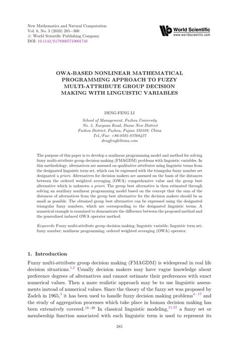 Pdf Owa Based Nonlinear Mathematical Programming Approach To Fuzzy