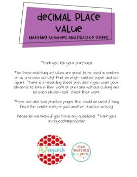 Decimal Place Value Matching Activities By Ava Aycock TpT