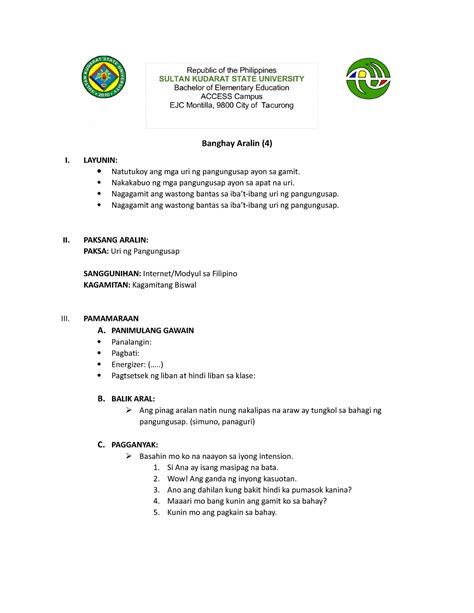 Lessonplan Lesson Plan Banghay Aralin 4 I Layunin Natutukoy Ang Mga Uri Ng Pangungusap