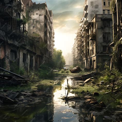 황무지에 버려진 파괴된 도시 종말 이후 폐허가 된 도시 종말 이후 문명 프리미엄 사진