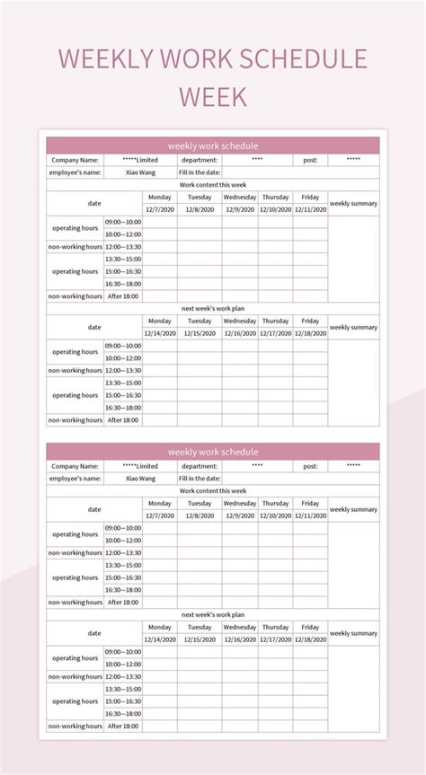 Weekly Work Schedule Week Excel Template And Google Sheets File For Free Download Slidesdocs