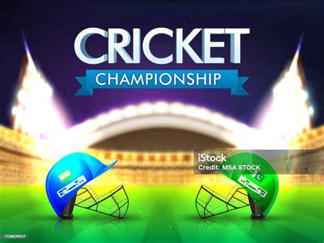 인도 대 파키스탄 크리켓 경기 개념은 반짝이는 경기장 배경에 타자 헬멧을 착용하고 있다 Championship에 대한 스톡 벡터 아트 및 기타 이미지