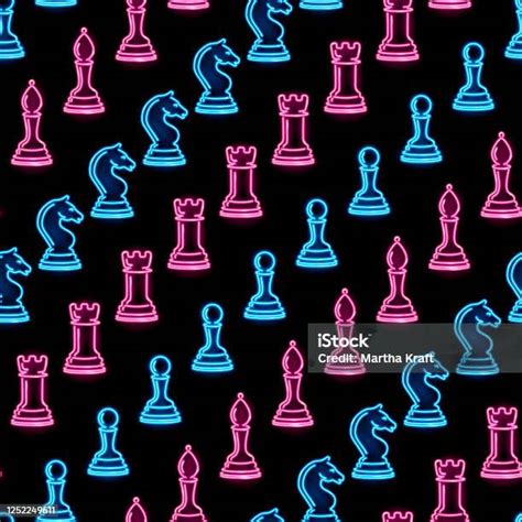 폰 루크 주교 검은 색 배경에 기사 네온 체스 조각과 원활한 패턴 체스 전략 벽지 포장 인쇄를위한 레저 게임 개념 벡터 10 Eps 그림 Championship에 대한 스톡