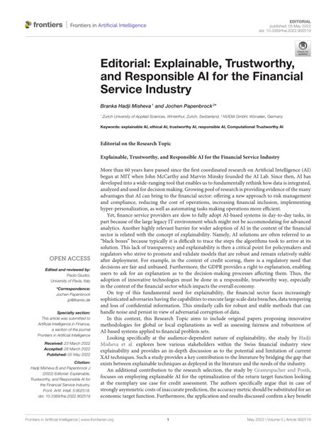 Pdf Editorial Explainable Trustworthy And Responsible Ai For The Financial Service Industry