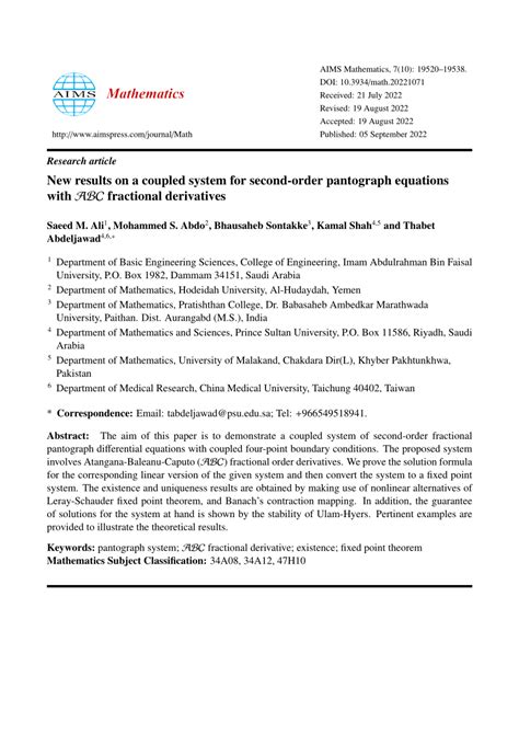 Pdf New Results On A Coupled System For Second Order Pantograph Equations With Mathcal{abc