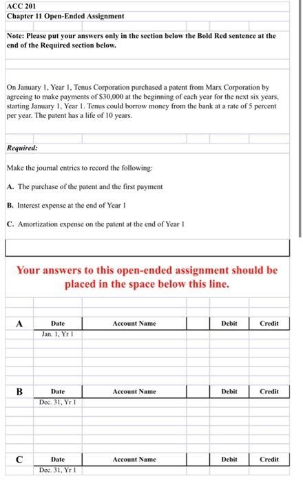 solved acc 201 chapter 11 open ended assignment note please