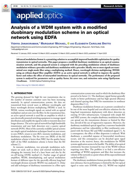 analysis of a wdm system with a modified duobinary modulation scheme in