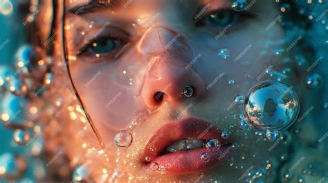 Premium Photo Woman Face Partially Submerged In Water With Bubbles