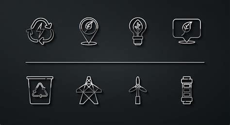 재활용 휴지통 위치 리프 풍력 터빈 전기 타워 및 전구 아이콘이 있는 세트 배터리설정 벡터 검은색에 대한 스톡 벡터 아트 및 기타 이미지 Istock