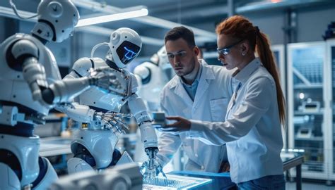 Scientists Collaborating With Advanced Humanoid Robots In A Hightech Research Lab Aig62