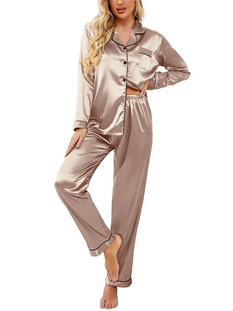 Dakimoe Sleepwear Womens Silky Satin Pajamas Set Long Sleeve Nightwear