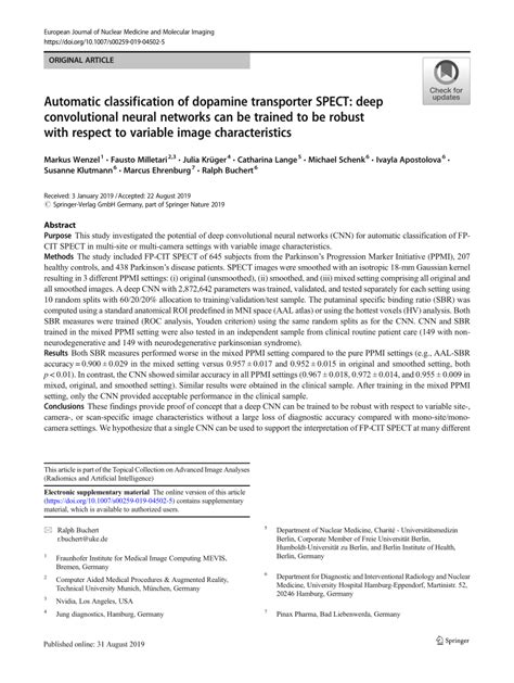 Pdf Automatic Classification Of Dopamine Transporter Spect Deep Convolutional Neural Networks