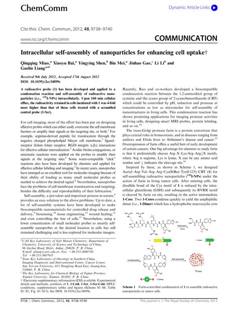 Pdf Intracellular Self Assembly Of Nanoparticles For Enhancing Cell Uptake