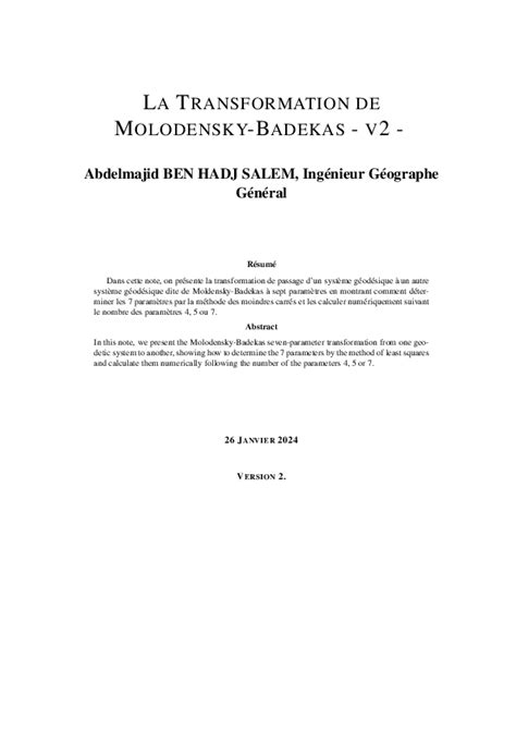Pdf La Transformation De Molodensky Badekas V2