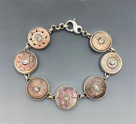 Victorian Carved Shell Buttons Bracelet With Aquamarine Facet Stone