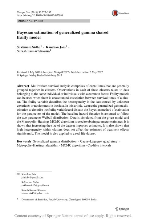 Bayesian Estimation Of Generalized Gamma Shared Frailty Model Request Pdf