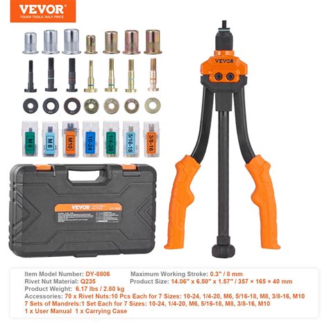 Vevor Rivet Nut Tool 14” Rivnut Tool Kit With 7 Pcs Metric And Sae