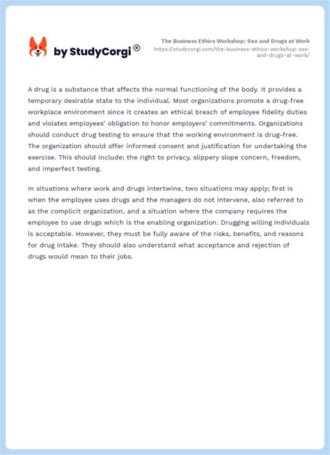 The Business Ethics Workshop Sex And Drugs At Work Free Essay Example